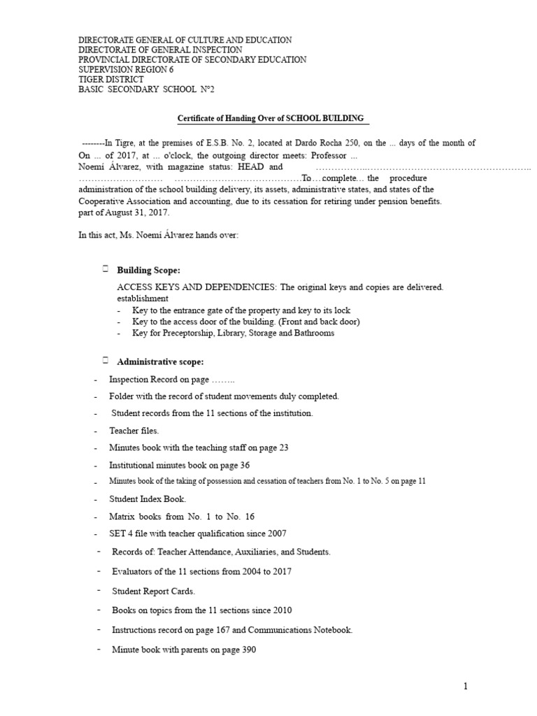School Building Handover Certificate | PDF | Teachers | Personal Computers