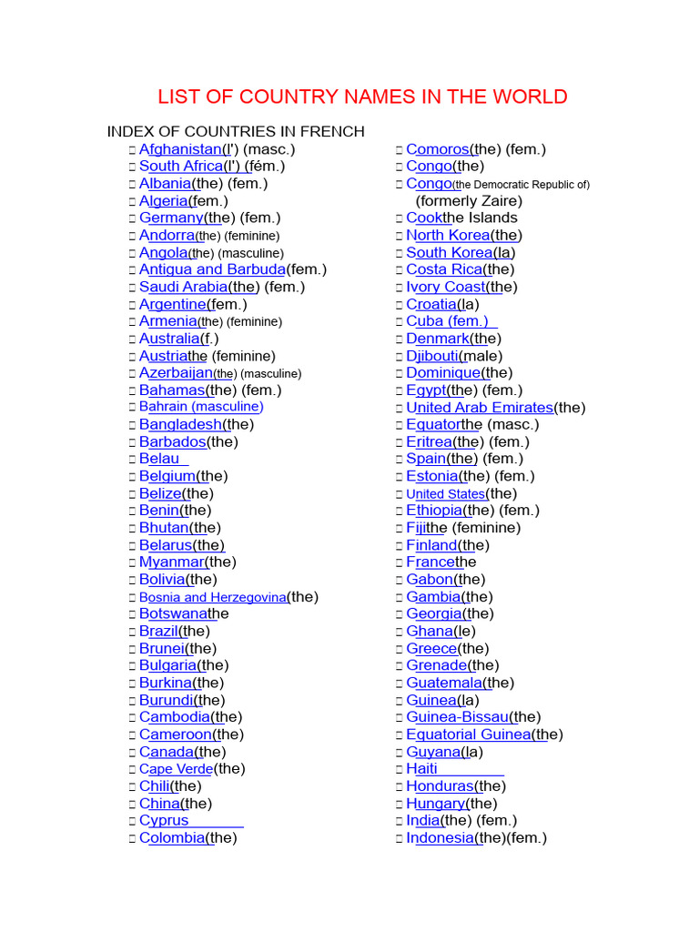 List of Country Names in The World | PDF | Grammatical Gender