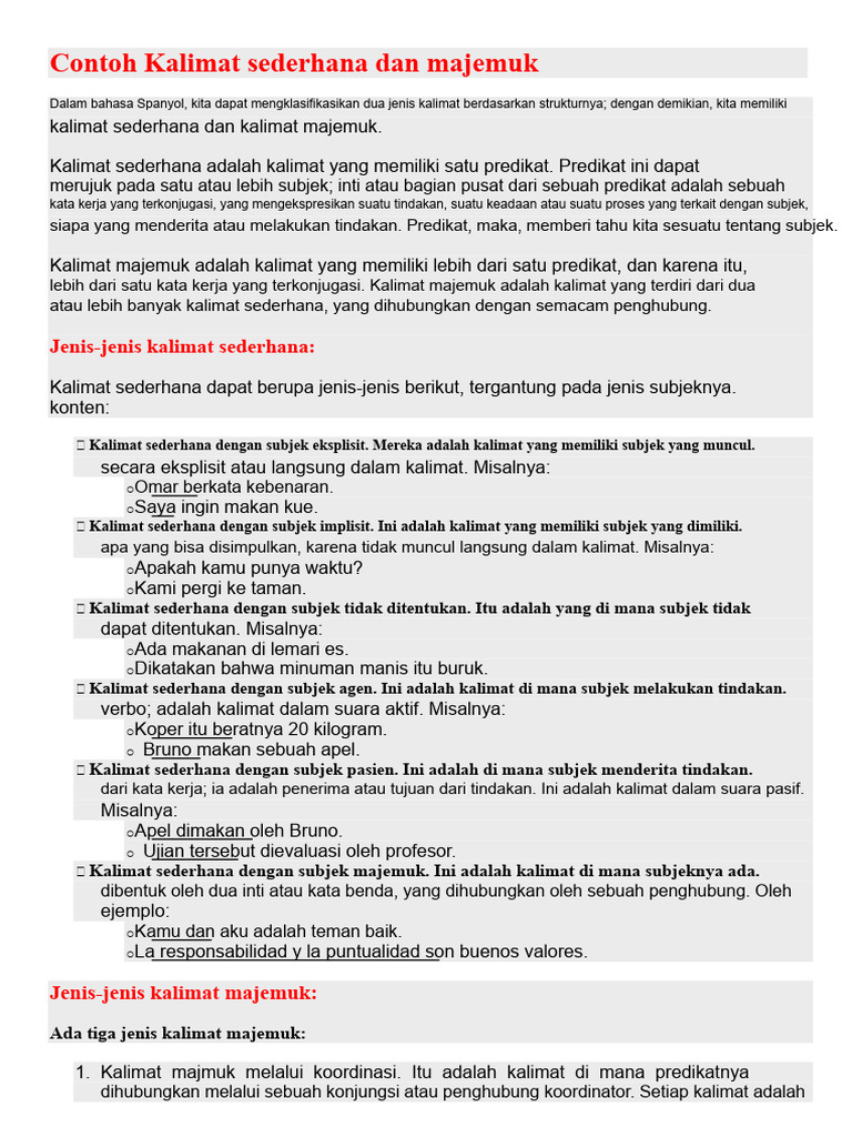 Contoh Kalimat Sederhana Dan Terintegrasi | PDF