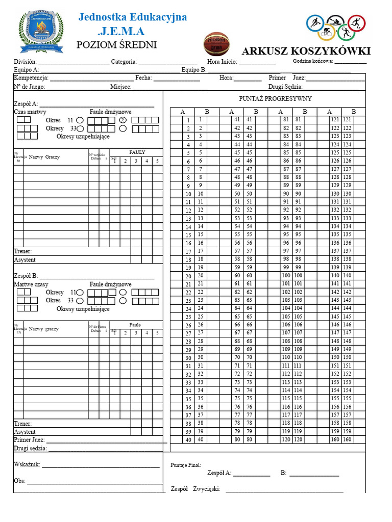 Arkusz Koszykarski JEMA Excel-1 | PDF
