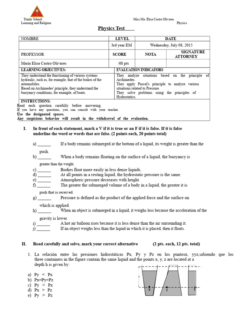 Pascal's Principle Test, Archimedes' Principle | PDF | Buoyancy ...