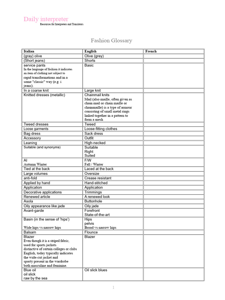 Fashion Glossary for Interpreters | PDF | Textiles | Trousers