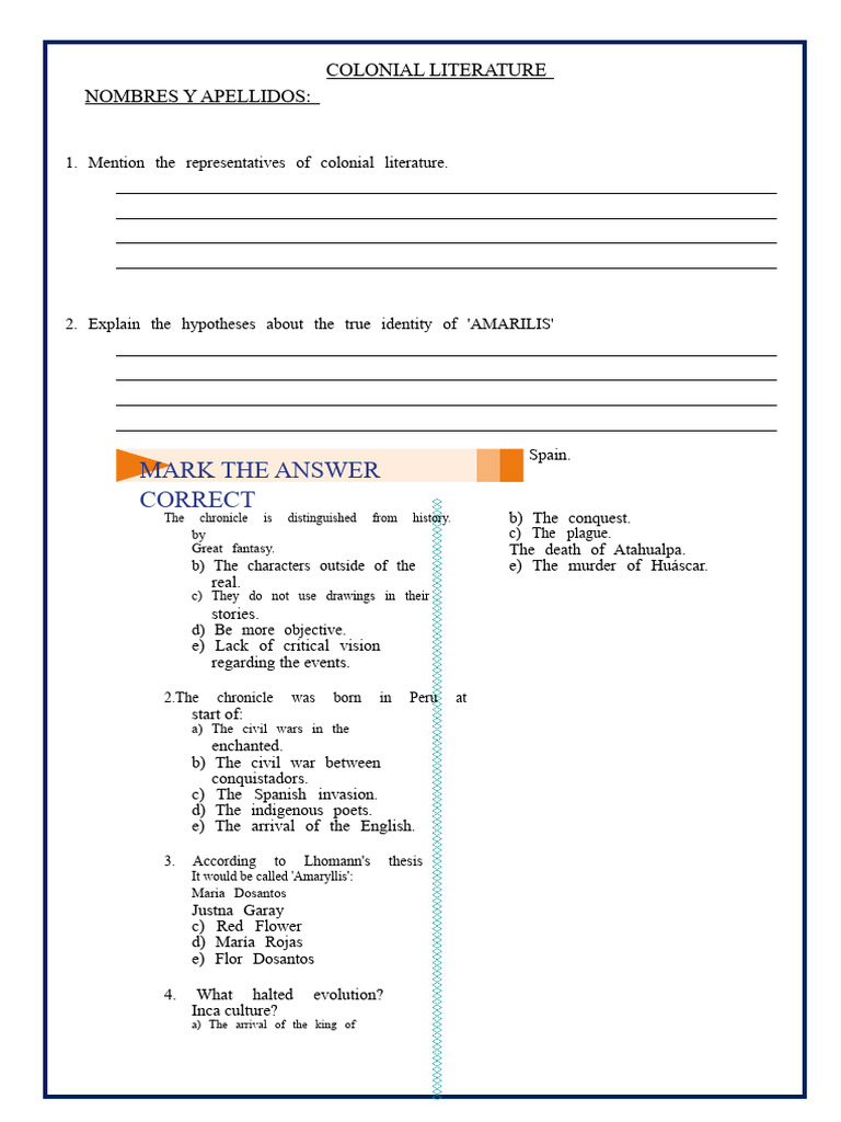 Colonial Literature Exam | PDF