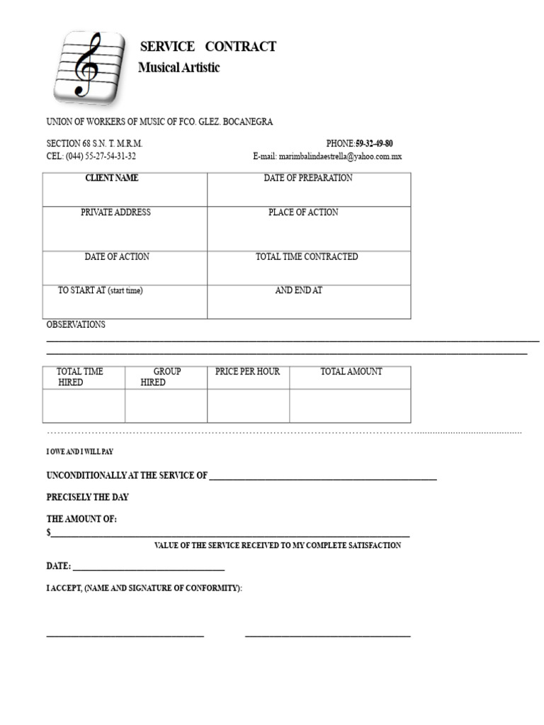 CONTRACT FOR THE PROVISION OF MUSICAL SERVICES Marimba Linda Estrella ...