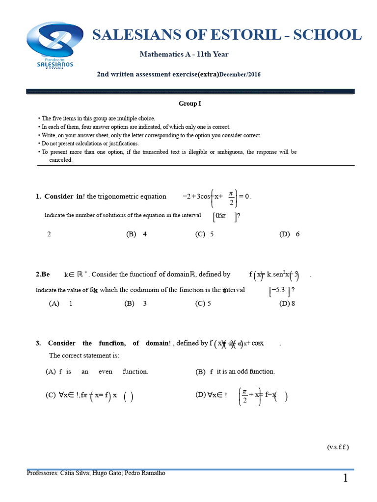 Trigonometry Test - Mathematics A - 11th Grade | PDF | Function ...