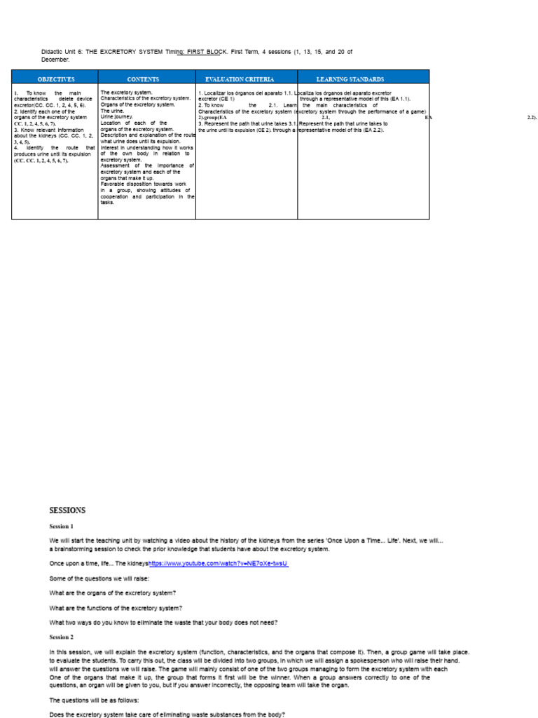 Final Teaching Unit 6 Excretory System | PDF | Cognition