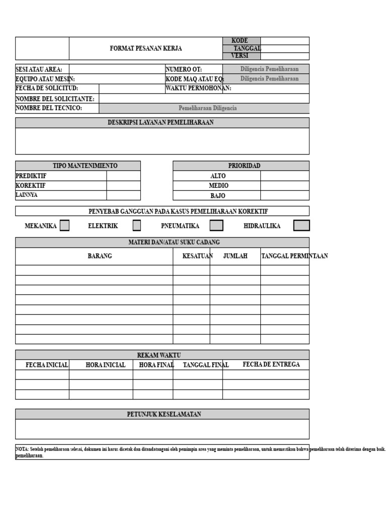 Format Pesanan Kerja Pemeliharaan | PDF