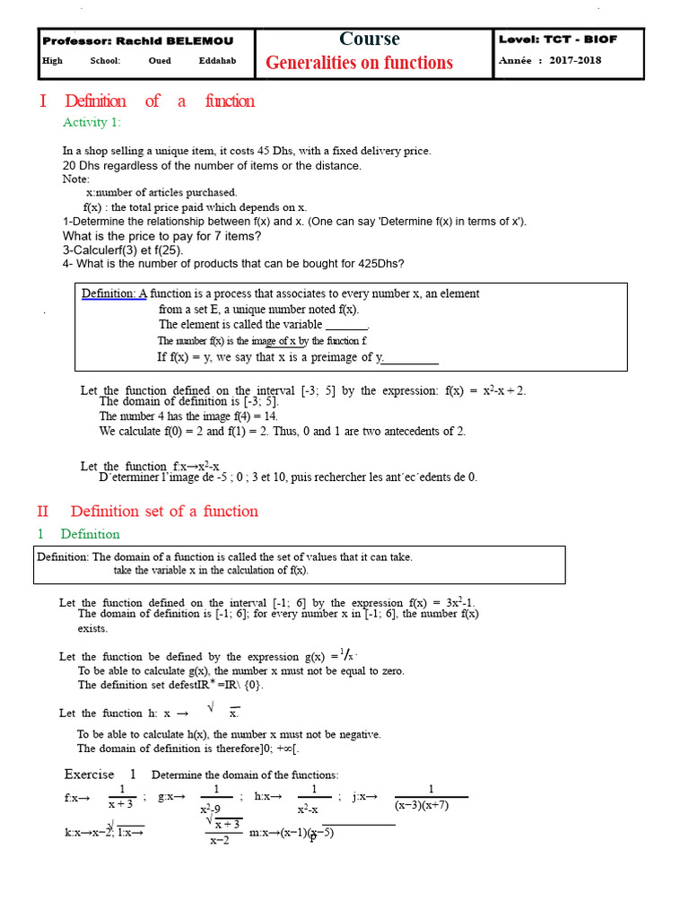 Generalities on Functions Course 1 2 | PDF | Function (Mathematics) | Monotonic Function
