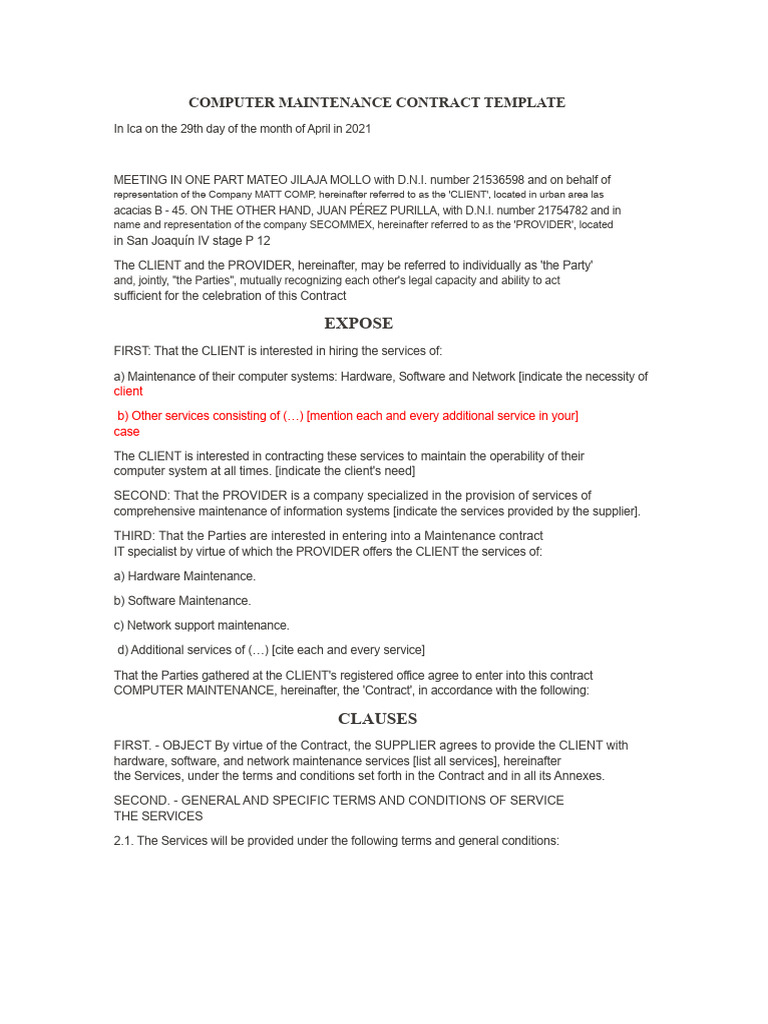 Computer Maintenance Contract Template | PDF | Breach Of Contract ...