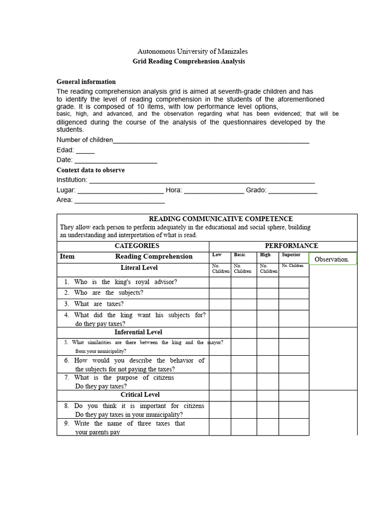Seventh-Grade Reading Comprehension Grid | PDF