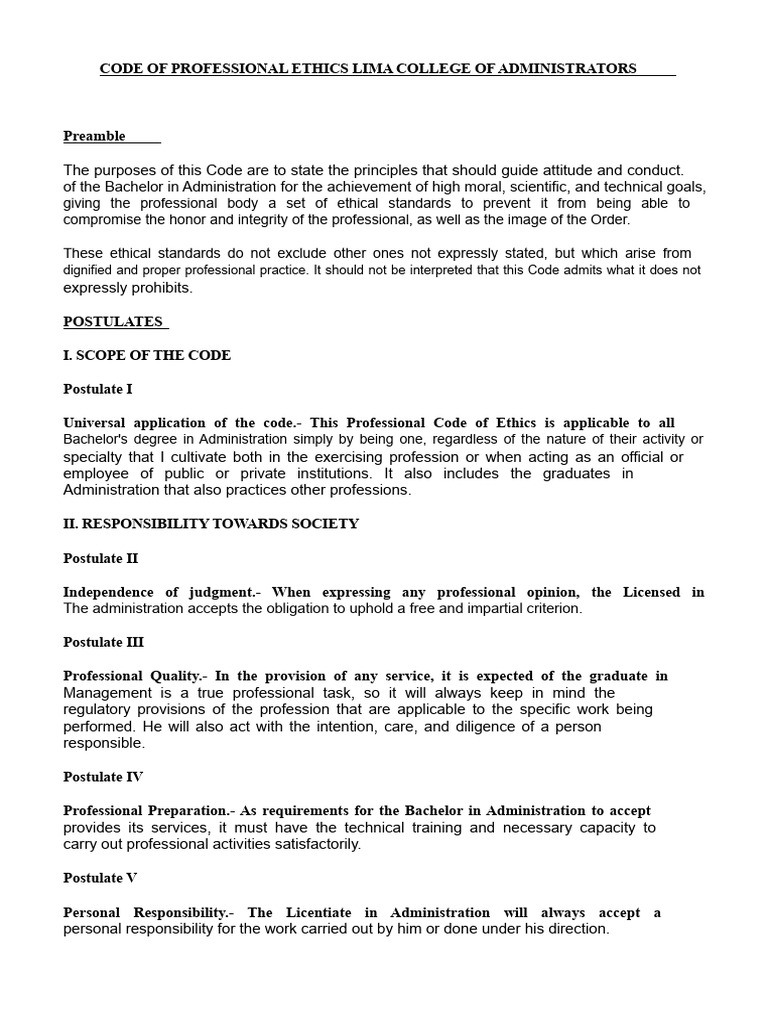 CODE OF PROFESSIONAL ETHICS COLLEGE OF ADMINISTRATORS OF LIMA.doc | PDF | Profession ...