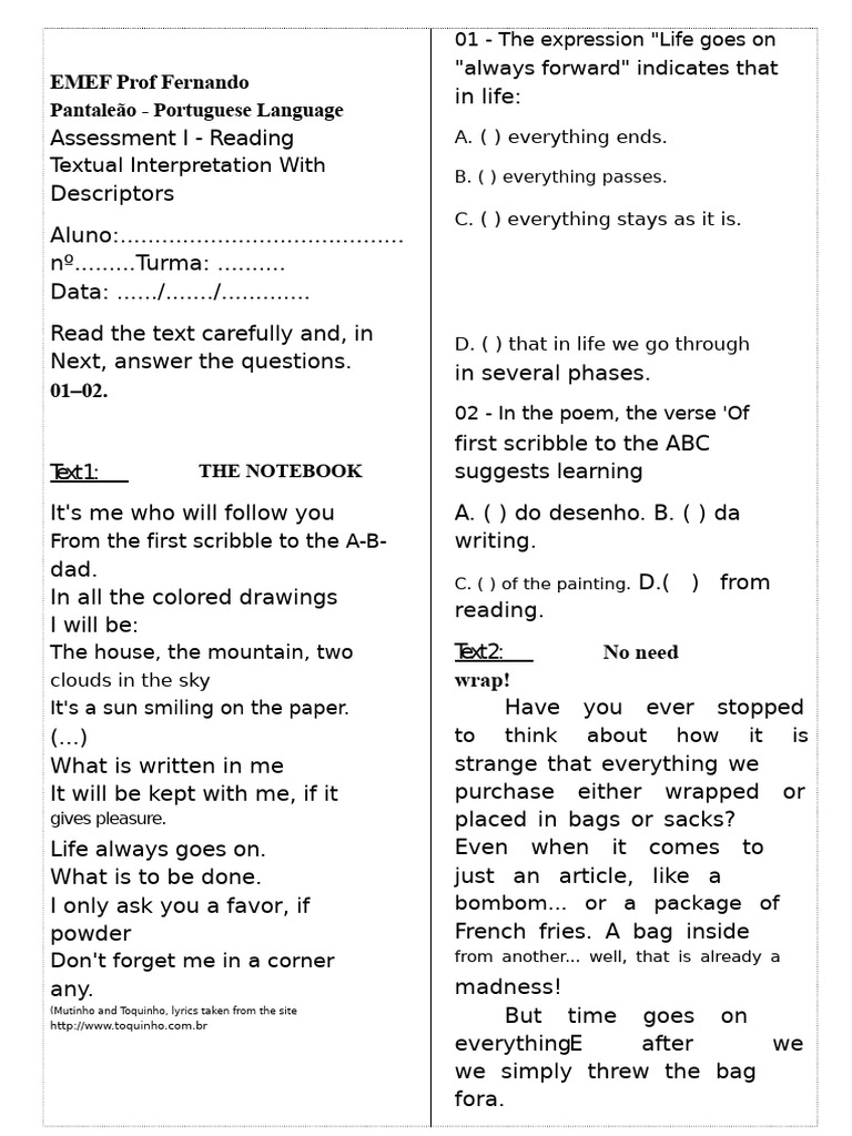 Assessment I - Reading and Interpretation With Descriptors - 6th Grade ...
