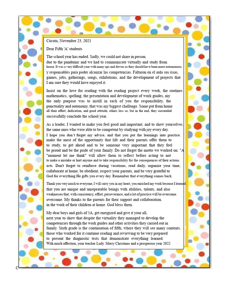 Letter To Fifth Grade Students | PDF