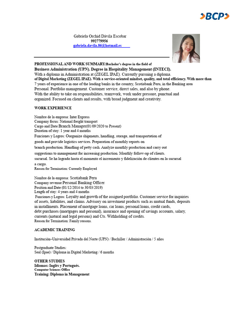 Gabriela Dávila - CV BCP | PDF | Business | Financial Services