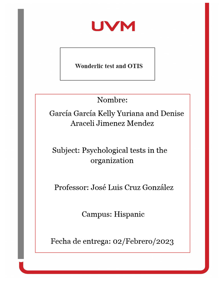 Wonderlic and OTIS Tests Overview | PDF | Intelligence | Behavioural ...