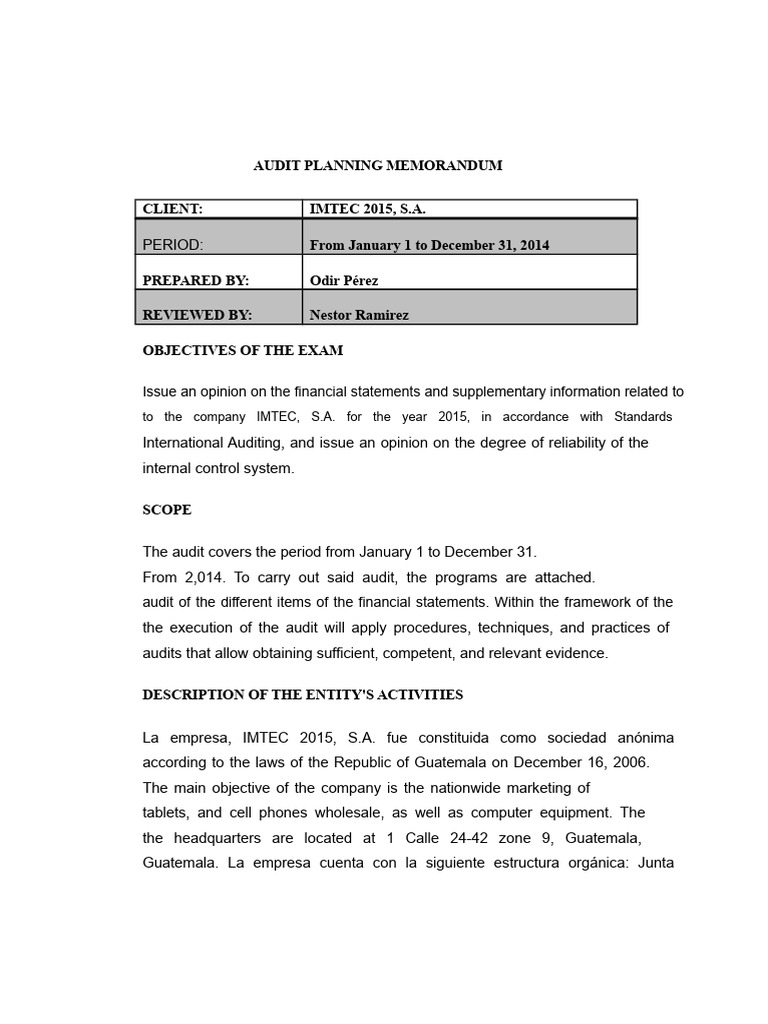 Audit Planning Memorandum | PDF | Audit | Internal Control