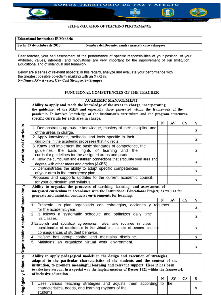 Teacher Self-Evaluation Format | PDF | Curriculum | Learning