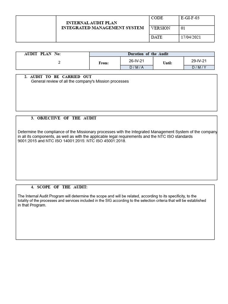 Internal Audit Plan for Management System | PDF | Audit | Internal Audit