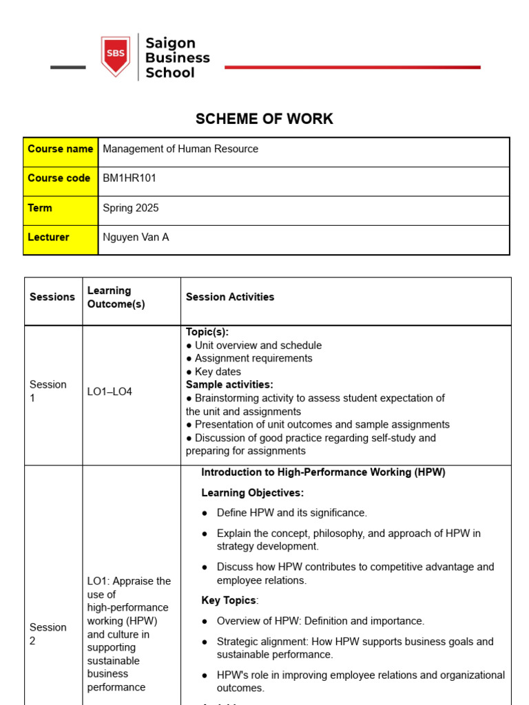 Scheme of Work - SAMPLE | PDF