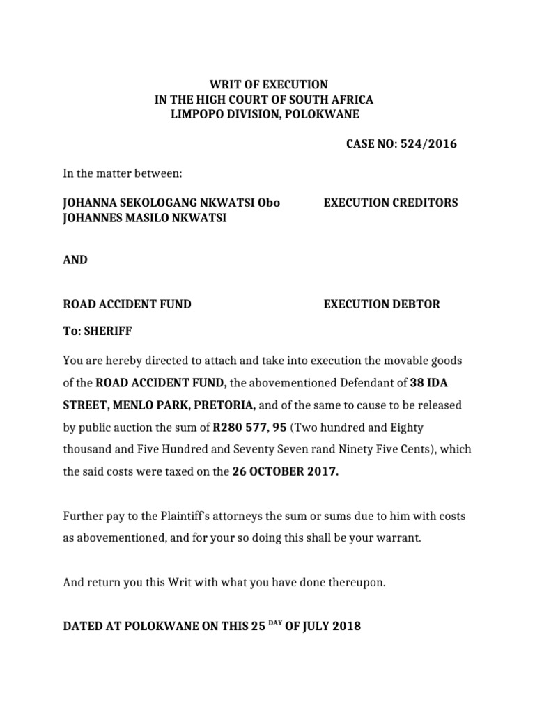 Writ of Execution (High Court) Lebepe Anna 14.03.18 | PDF | Affidavit ...