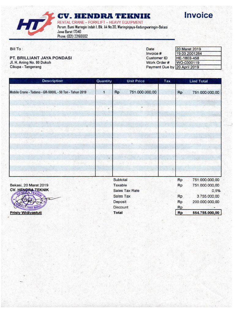 Invoice MobileCrane Tadano 50t BJP | PDF