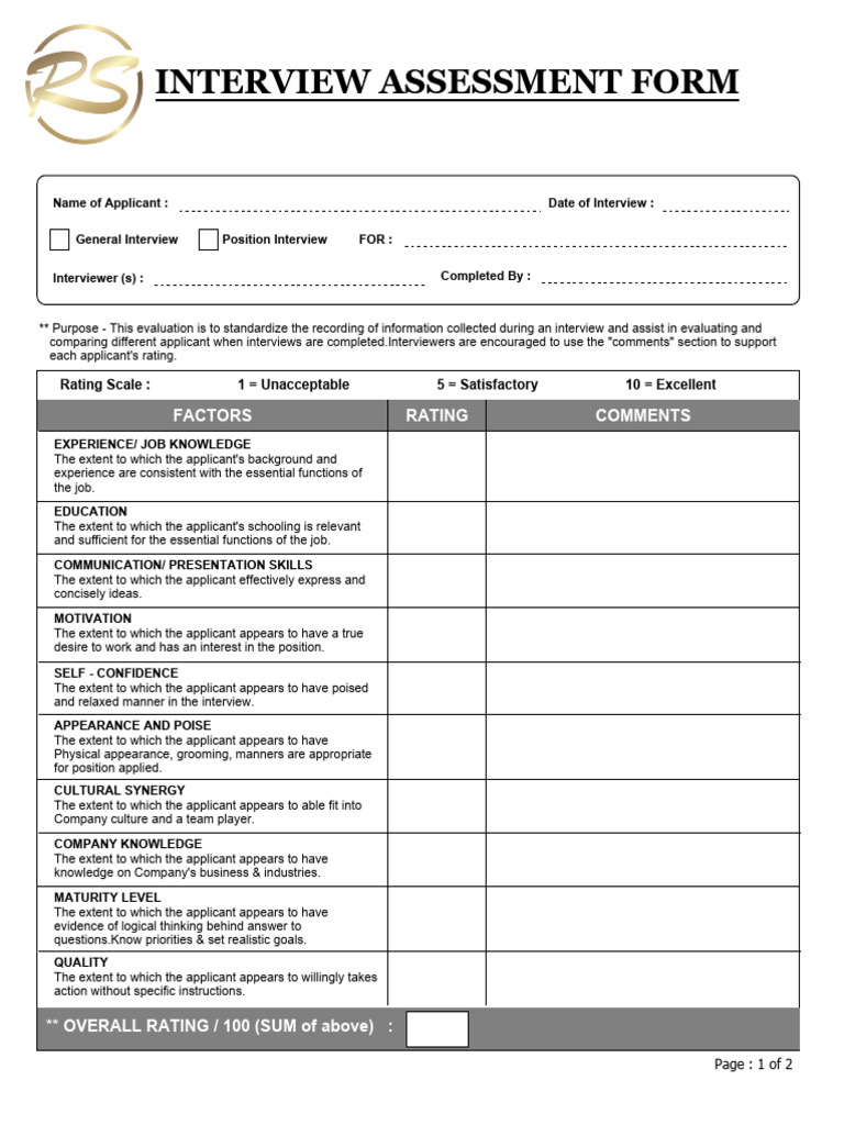 INTERVIEW ACCESSMENT FORM | PDF | Knowledge | Critical Thinking