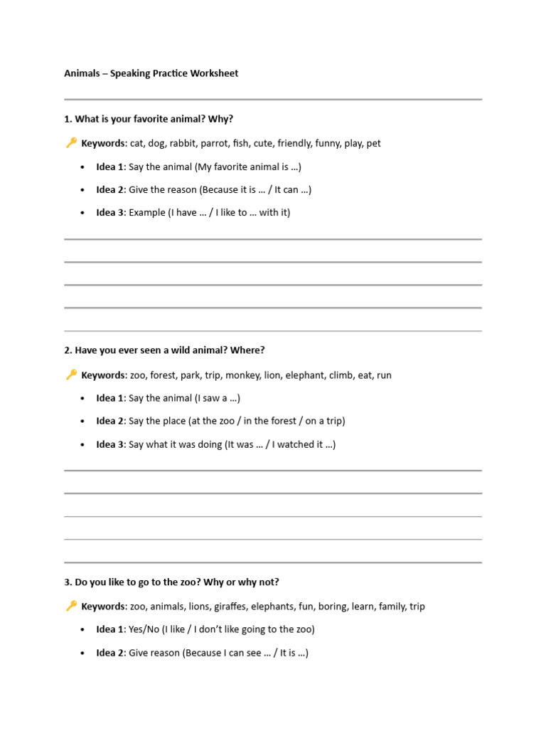 Animals Speaking Practice Worksheet | PDF