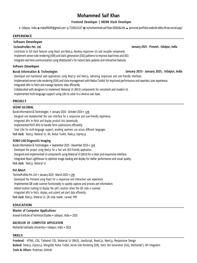 Mern Stack Developer Resume UI | PDF | User Interface | Information ...