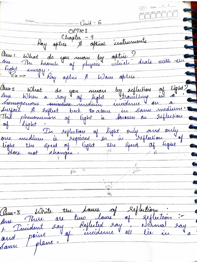 Chapter 9 Ray Optics and Optical Instruments Notes (Only Reflection ...