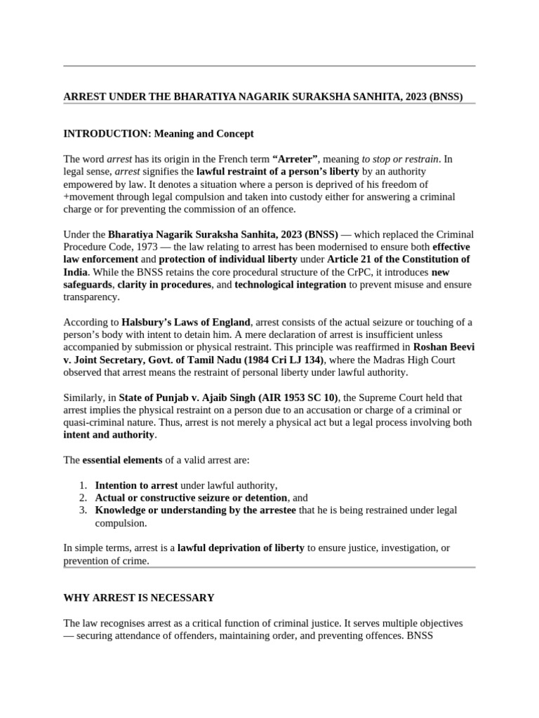 Arrest Procedures Under BNSS 2023 Explained | PDF | Arrest | Arrest Warrant