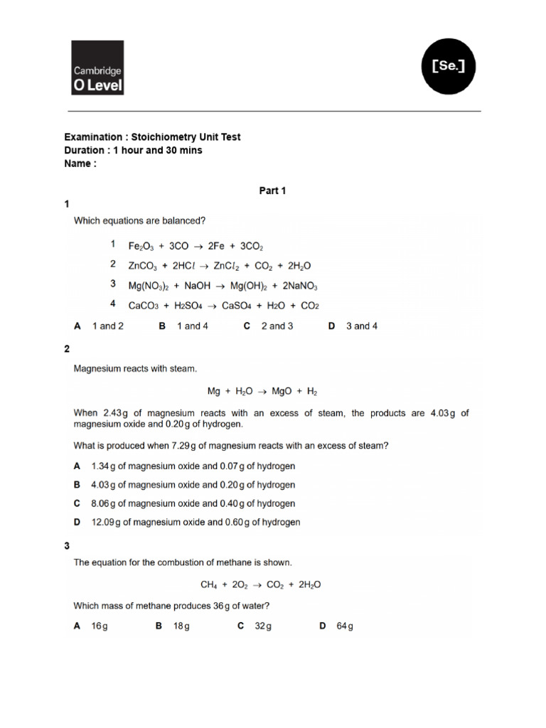 Stoichiometry Unit Test | PDF