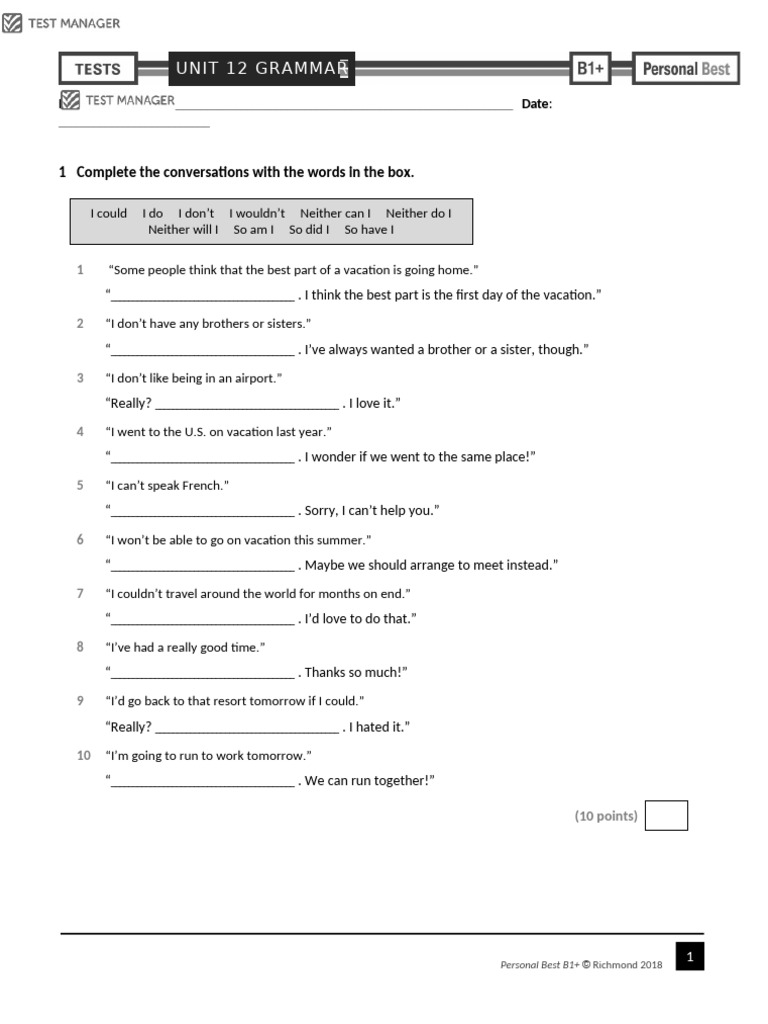 Personal Best B1 Unit 12 Grammar Test | PDF