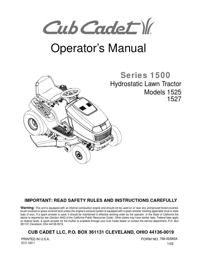 Cub Cadet 1525 Lawn Mower - Owner's Manual | PDF | Tractor | Lawn Mower