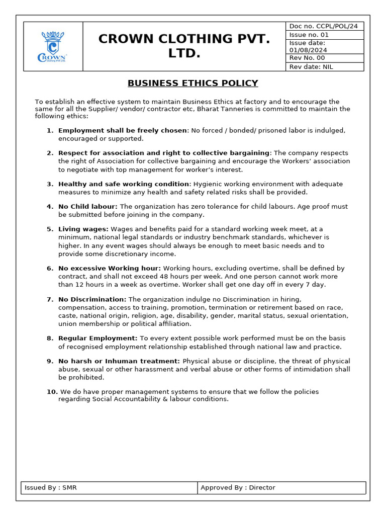 Business Ethics Policy | PDF | Employment | Labour Law