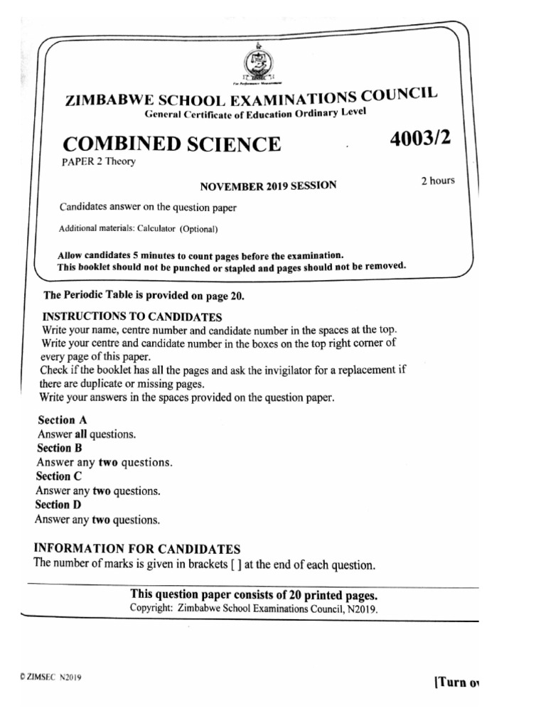 Zimsec Nov 2019 Combined Science Paper 2-1 | PDF