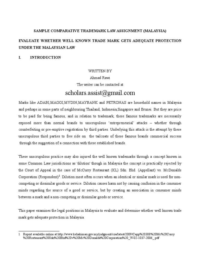 Sample Comparative Trademark Law Assignment Malaysia) | PDF | Trademark ...