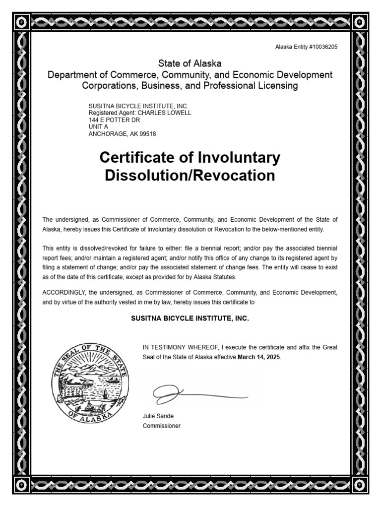 Certificate of Involuntary Dissolution/Revocation | PDF