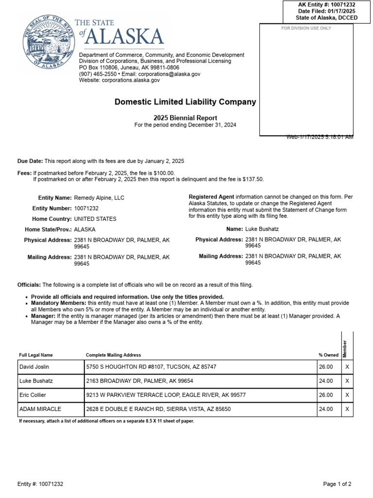 Remedy Alpine, LLC 2025 Biennial Report | PDF | Limited Liability ...