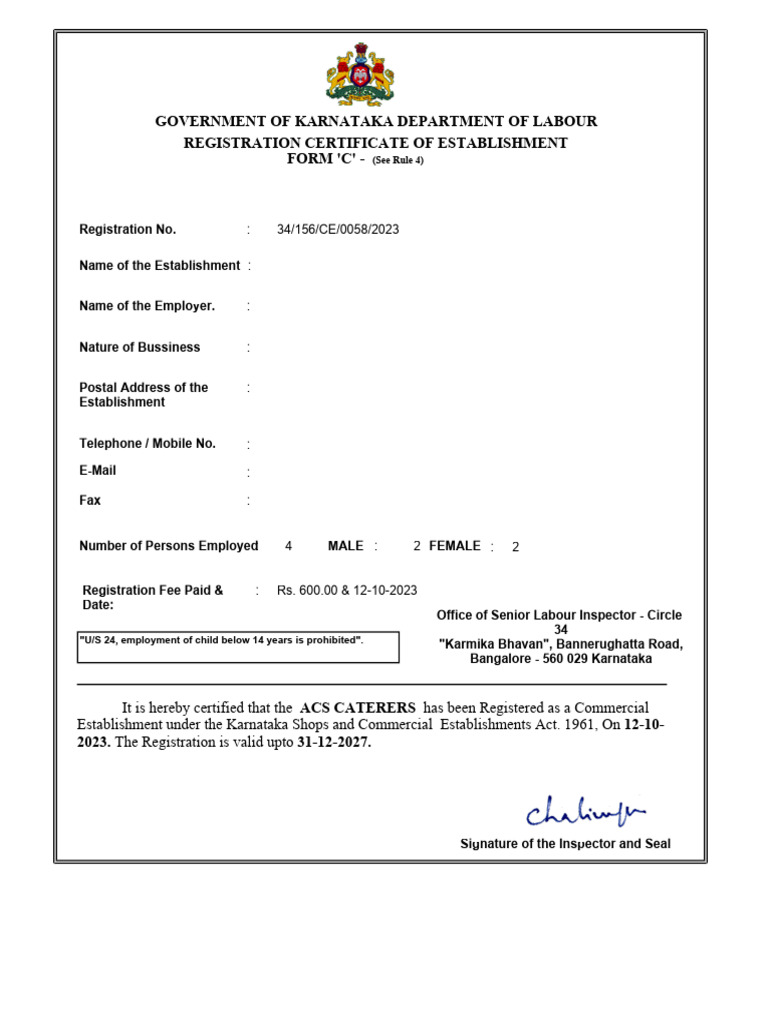 Acs Caterers Shop and Establishment | PDF
