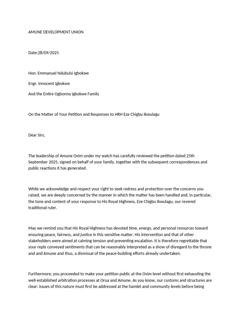 Amune Union Response to Igbokwe Petition | PDF | Government | Justice
