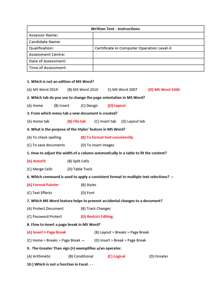 3. Answer Sheet | PDF | Microsoft Word | Page Layout