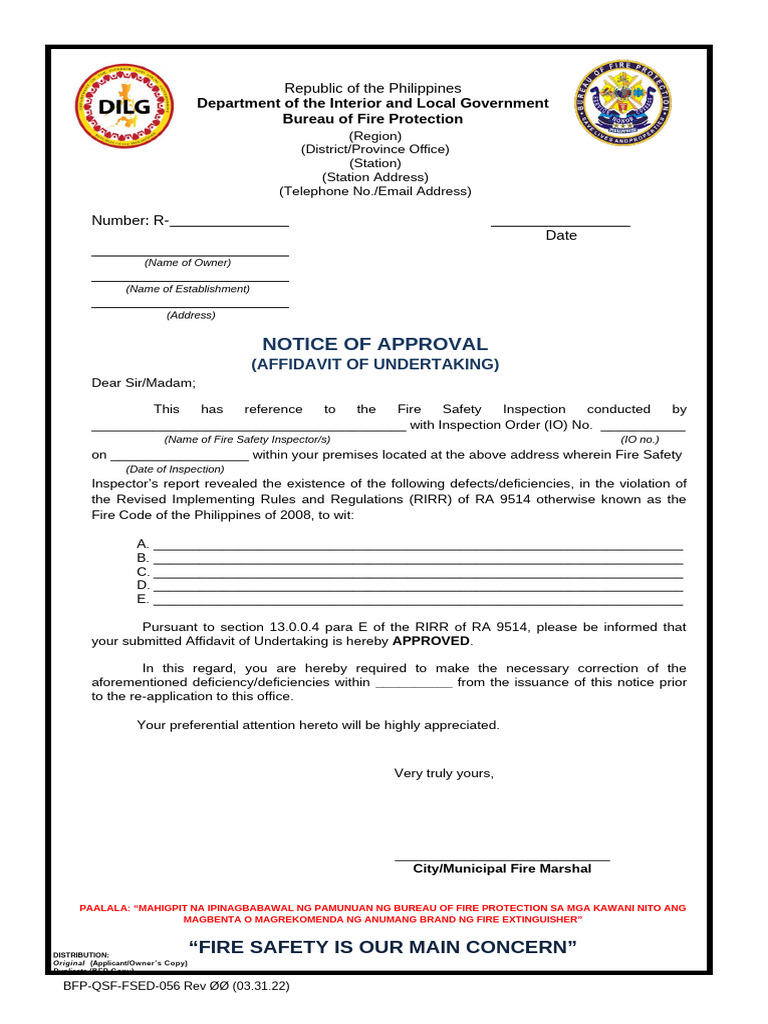 FSED 56F Notice of Approval Affidavit of Undertaking Rev00 | PDF | Fire ...