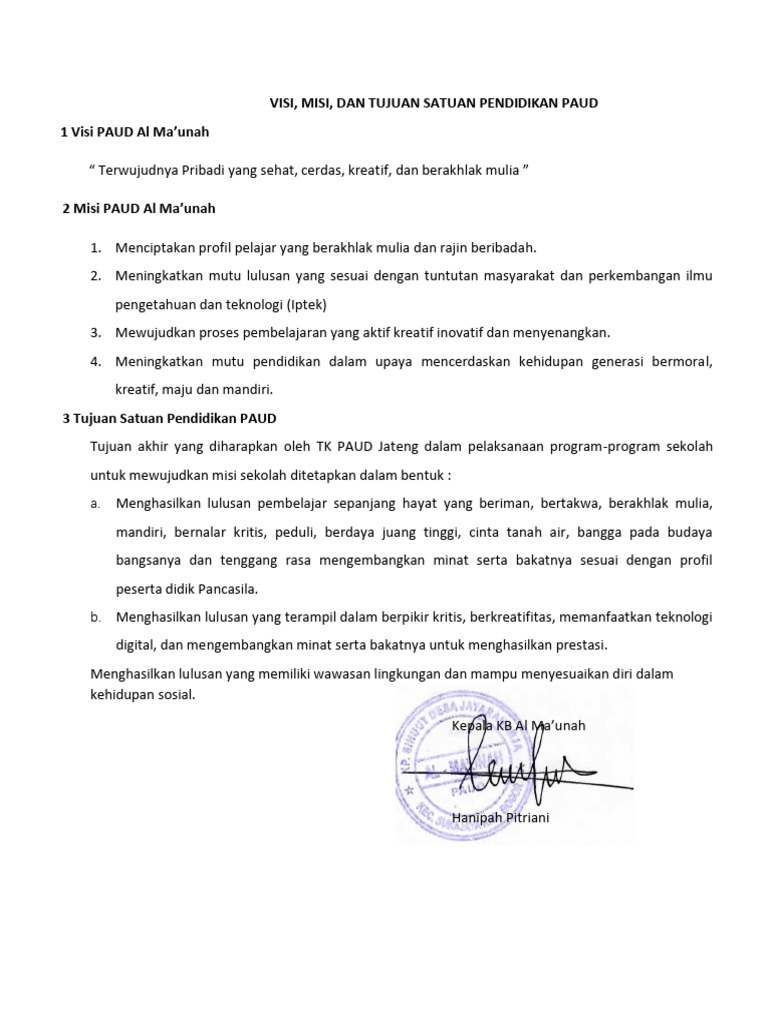 6.1 Visi, Misi Kb Al Ma'Unah | PDF