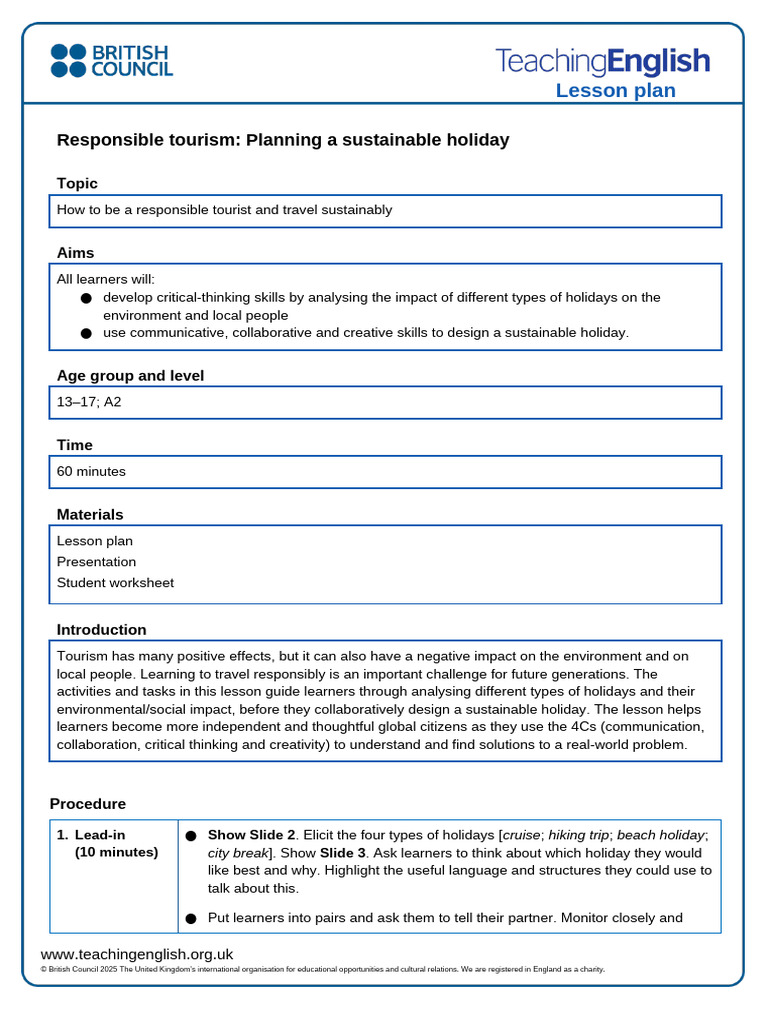 Responsible tourism - Planning a sustainable holiday - Lesson plan ...