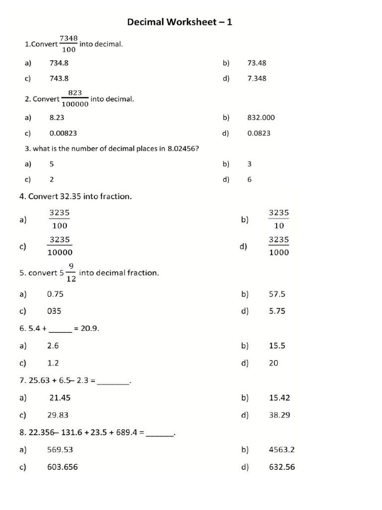Class 6 Decimal WS | PDF