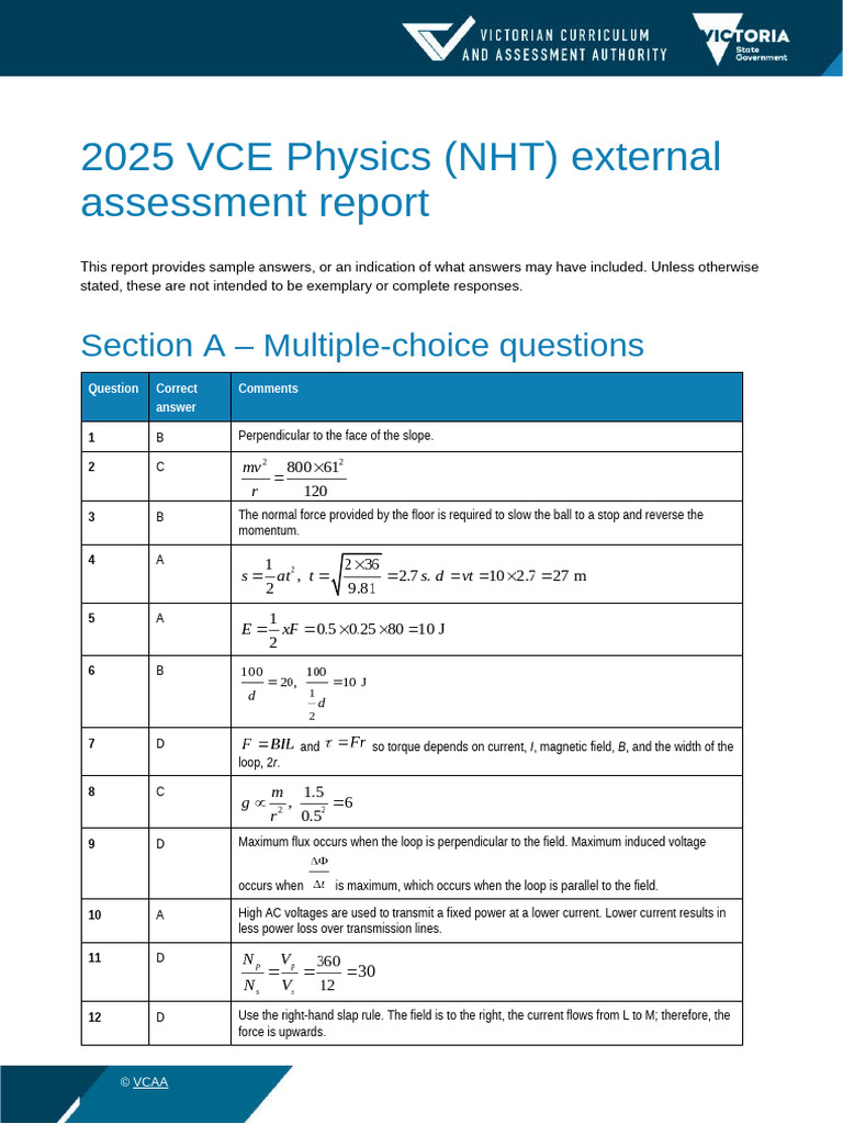 2025 VCE Physics NHT Assessment Insights | PDF | Force | Electron