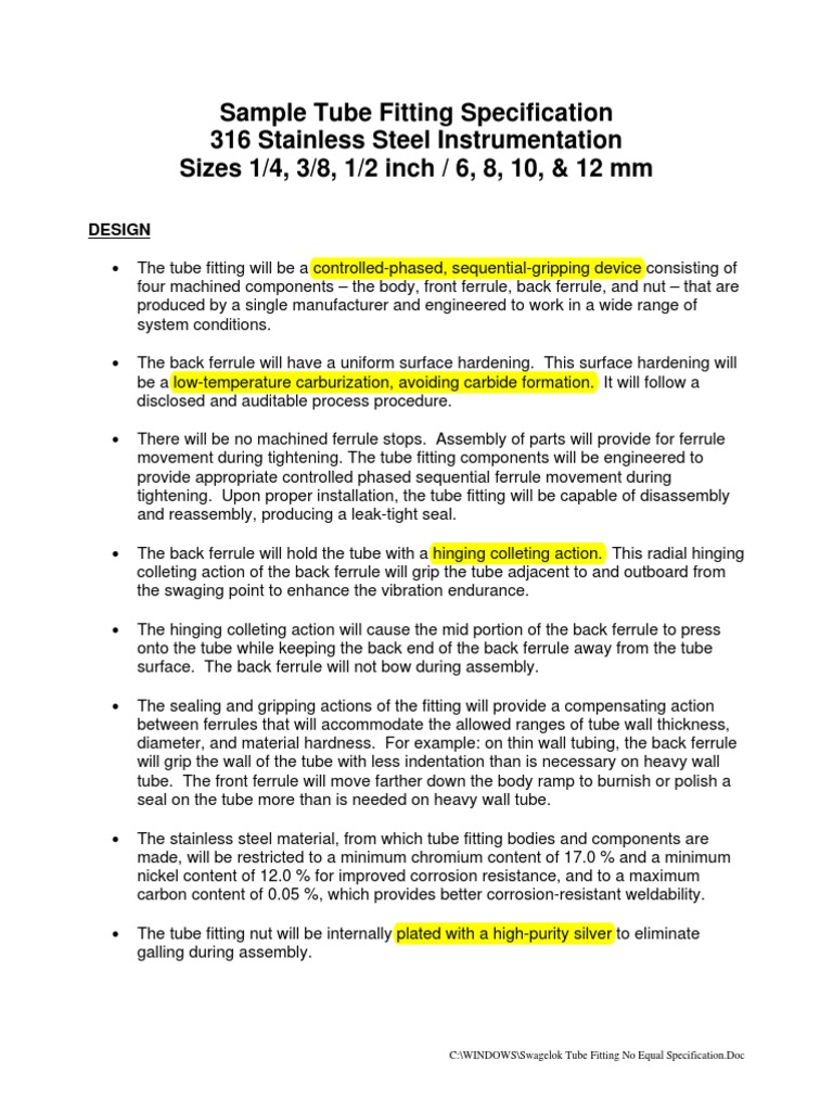 Specification for 316 Stainless Steel Instrumentation Tube Fittings ...