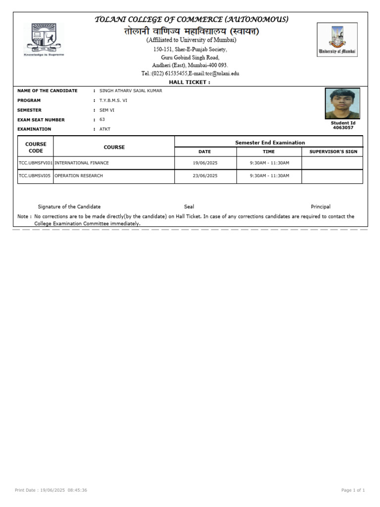 TCC Semester VI Exam Hall Ticket | PDF