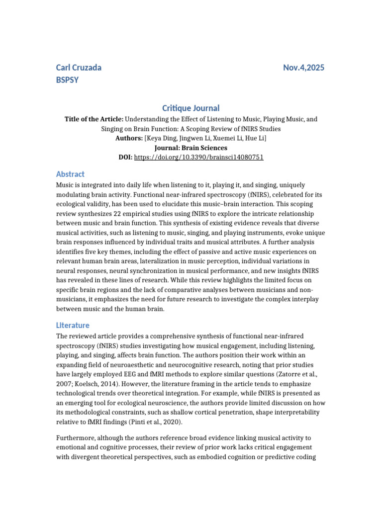 Critique Journal Template | PDF | Methodology | Brain