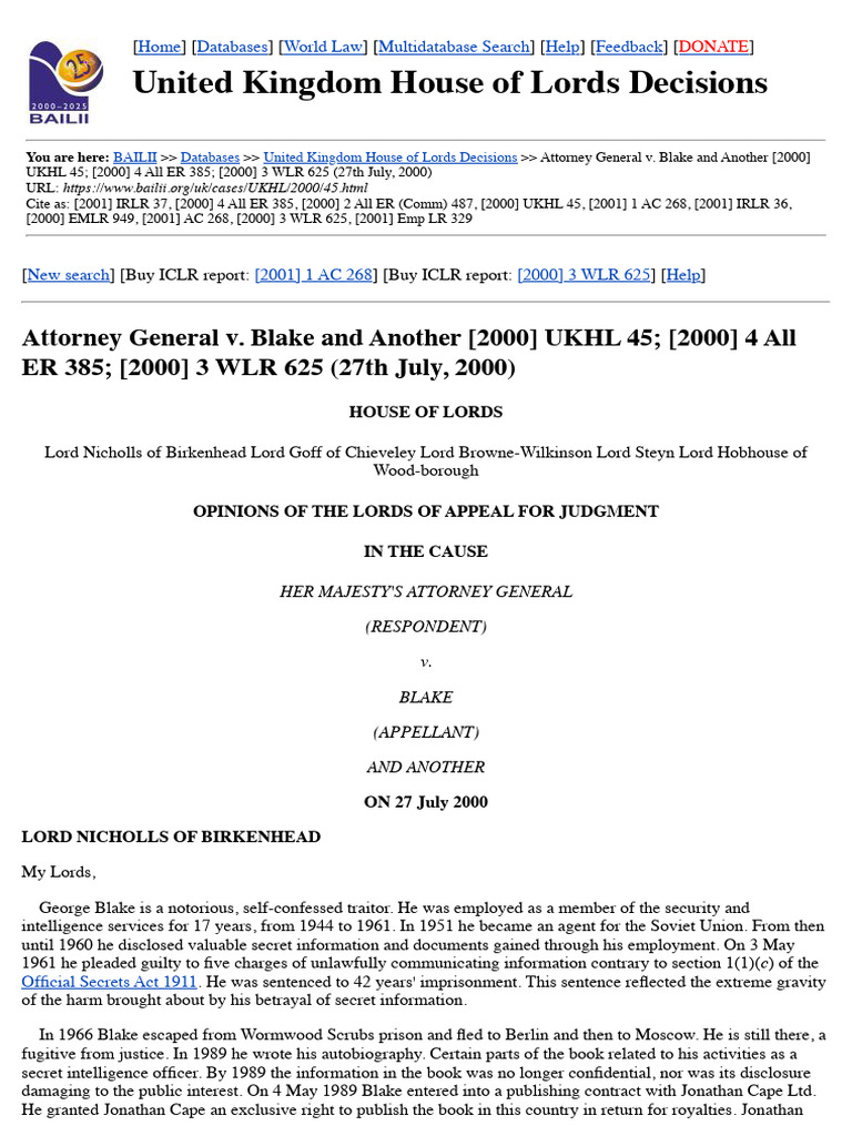 Attorney General V Blake and Another 2000 UKHL 45 2000 4 All ER | PDF ...